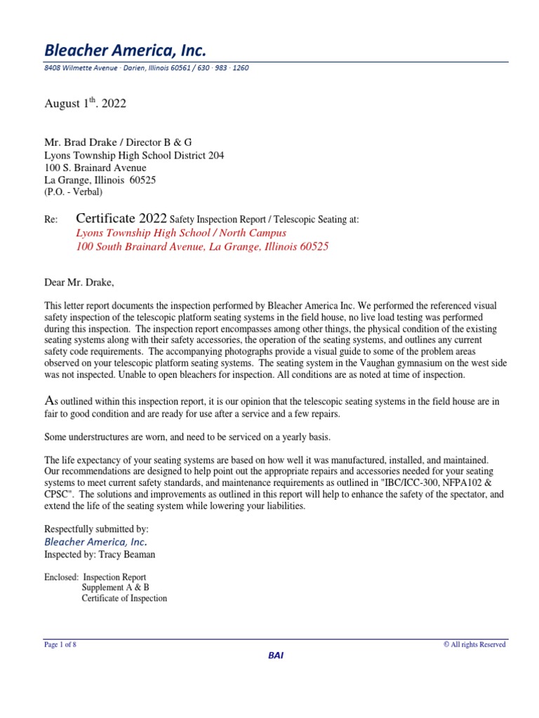 Inspection Report On Lyons Township HIgh School Bleachers | PDF ...