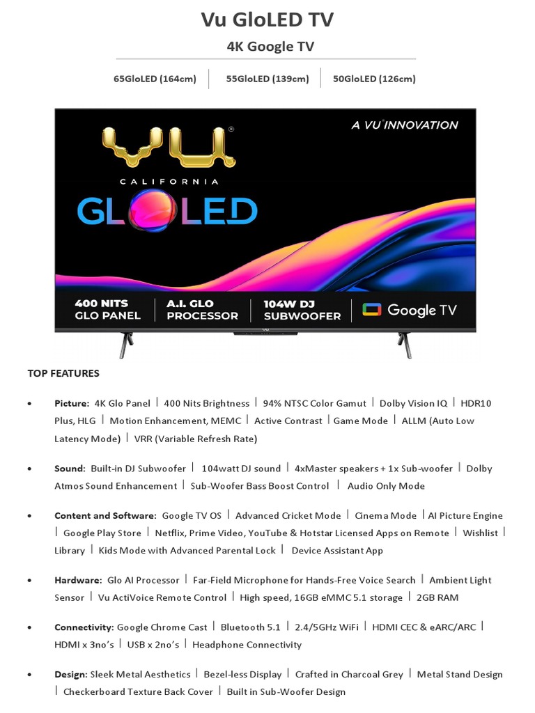 The+Vu+GloLED Specification | PDF | Hdmi | Computer Hardware