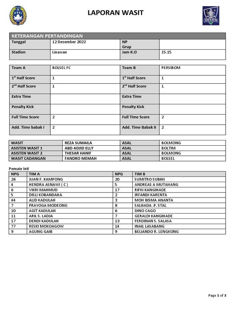 Form Laporan Wasit | PDF