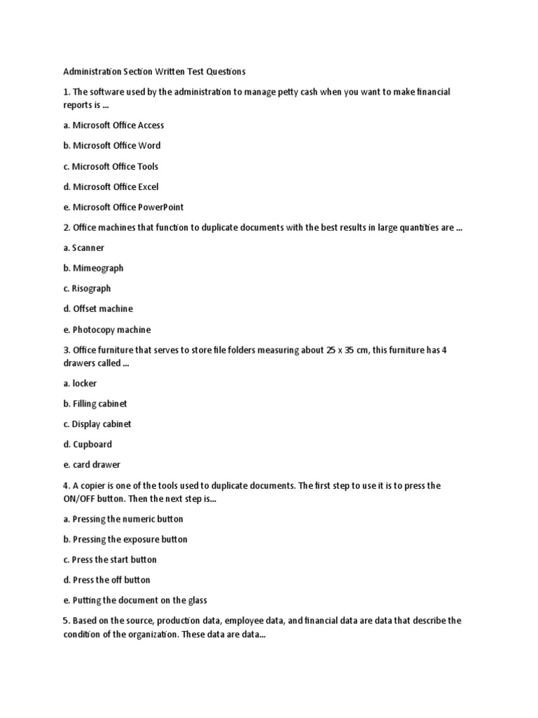 Administration Test Questions Guide | PDF | Microsoft Office | Books