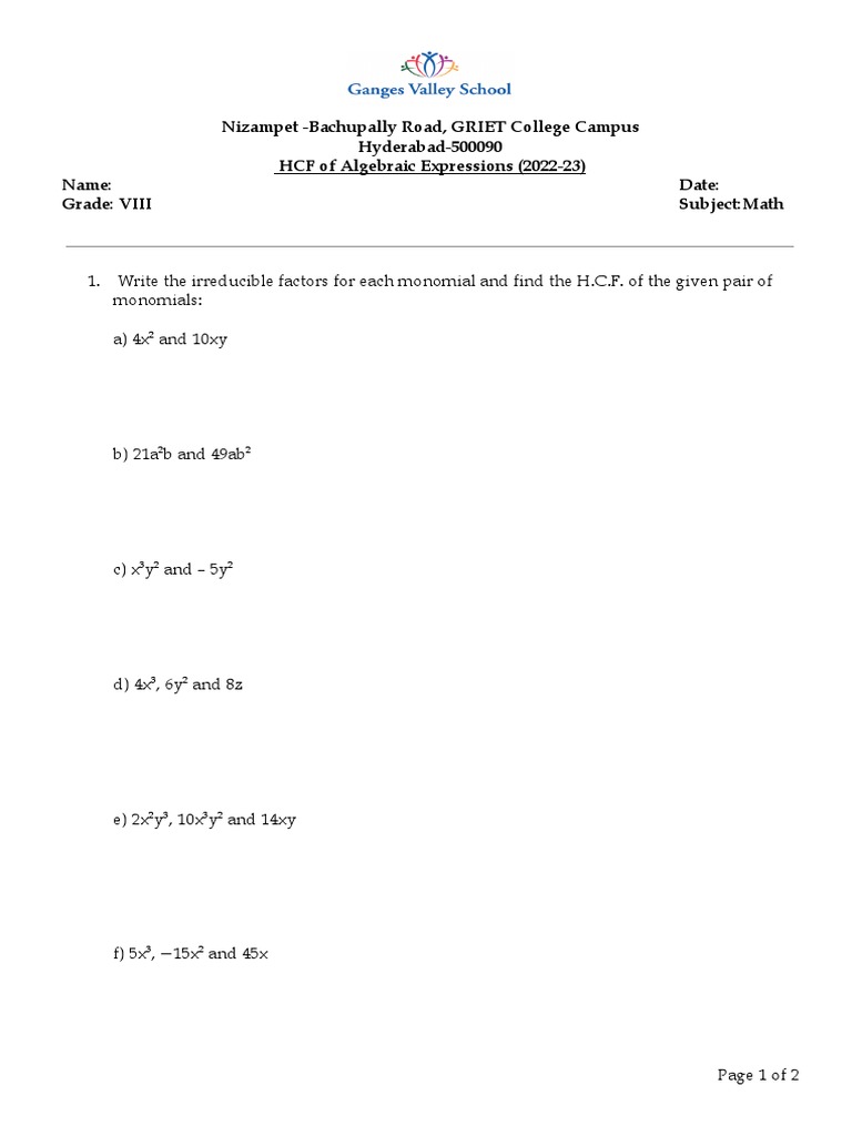 HCF of Algebraic Expressions Worksheet | PDF | Teaching Methods & Materials