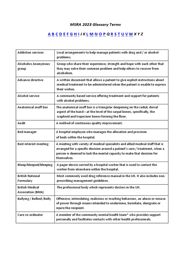 MSRA SJT Glossary Terms 2022-23 FINAL 2023 | PDF | Nursing | Health Care