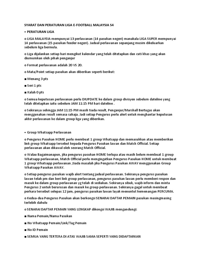 Syarat Dan Peraturan Liga E-Football Malaysia S4 | PDF