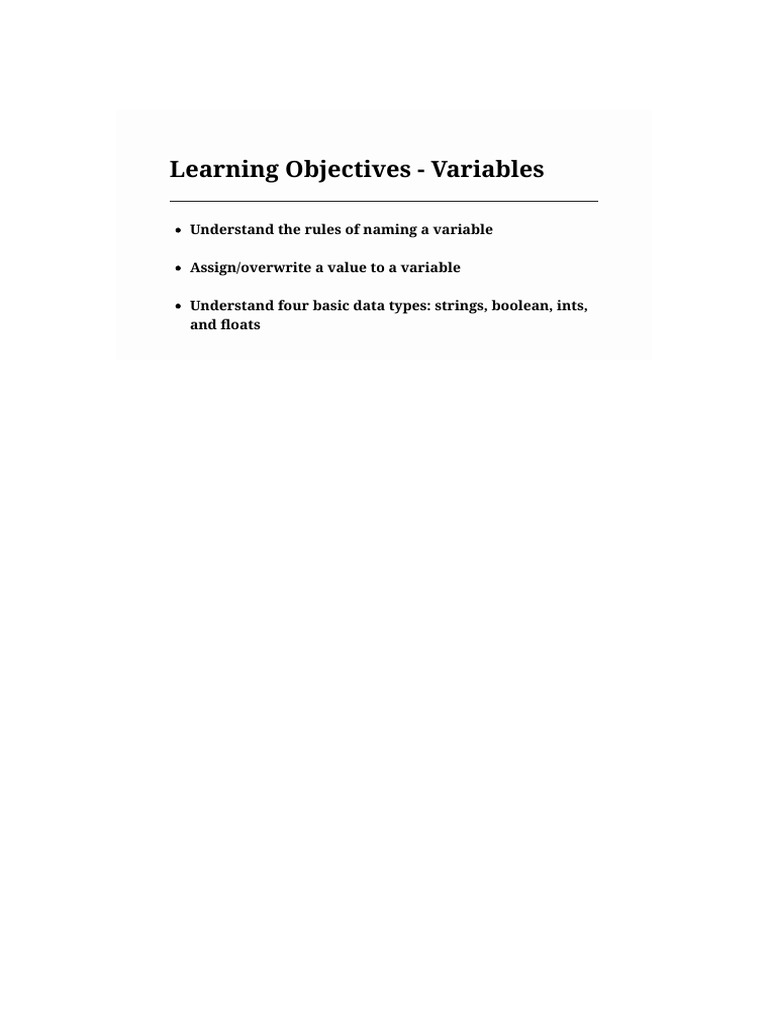 Learning Objectives Variables Pdf Integer Computer Science Variable Computer Science