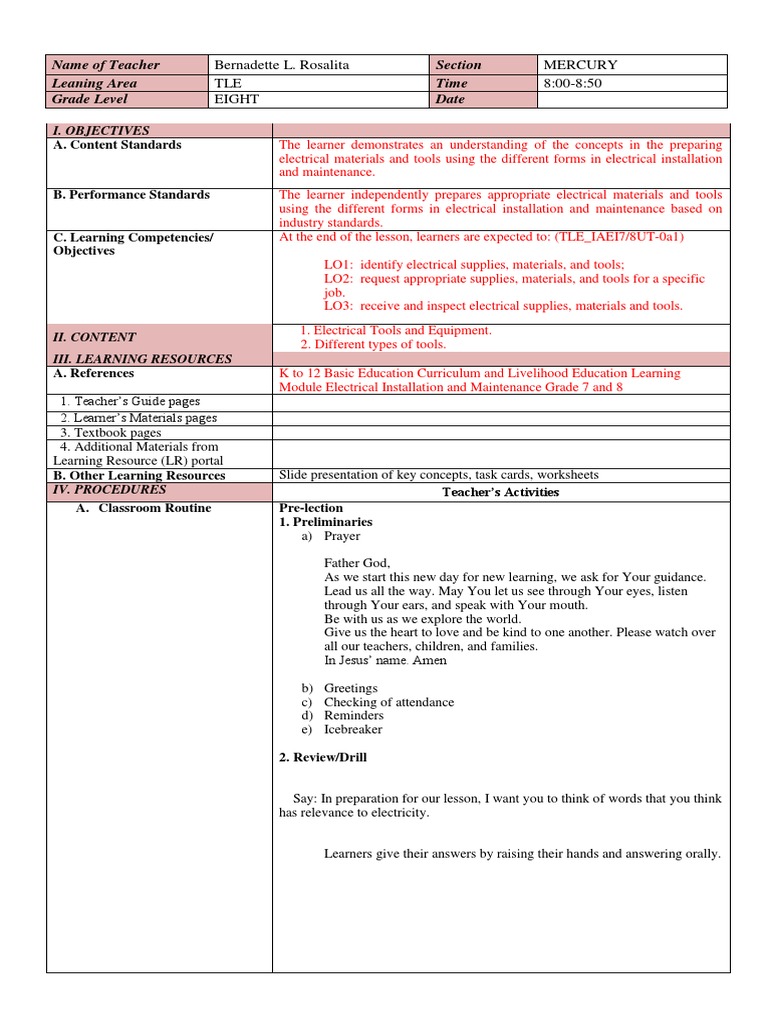 TLE 8-EIM - Lesson Plan | PDF | Wire | Screw
