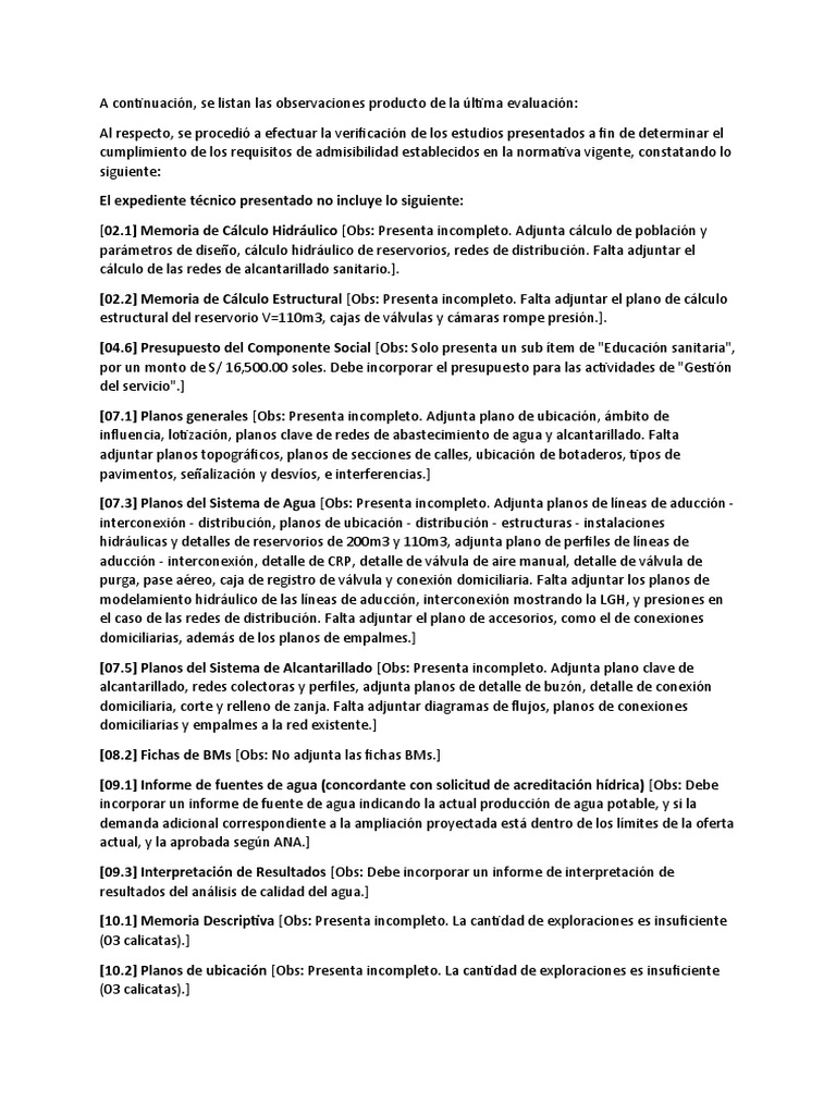 Observaciones Evaluación de Proyectos Técnicos | PDF | Alcantarillado | Administracion del Agua