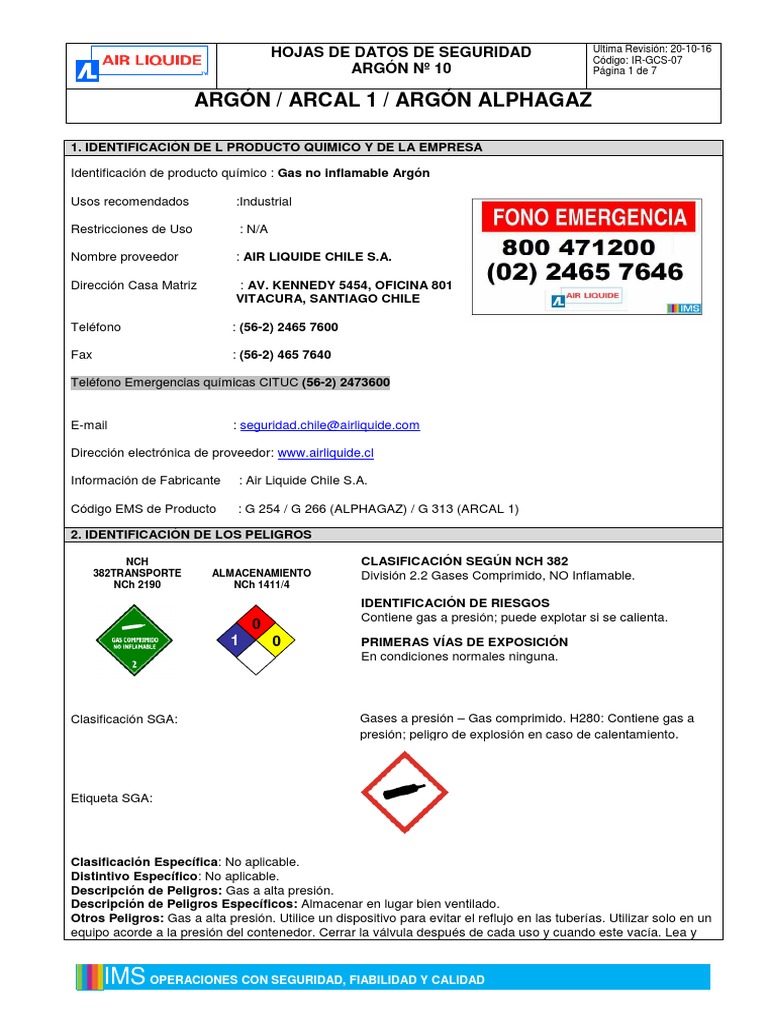 Hoja de datos de seguridad para argón comprimido | PDF | Argón | Oxígeno