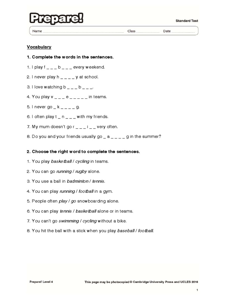 Sports Vocabulary and Grammar Exercises | PDF | Linguistics | Sports