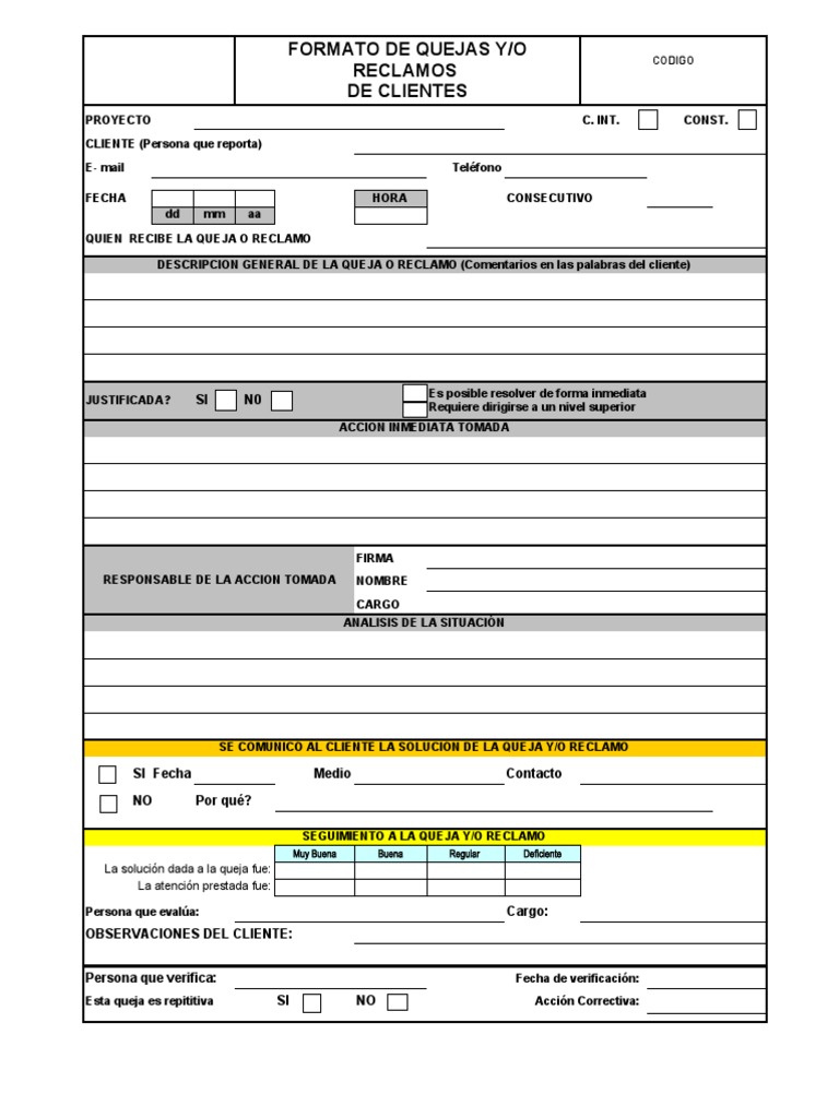 Formato de Quejas y Reclamos de Clientes | PDF