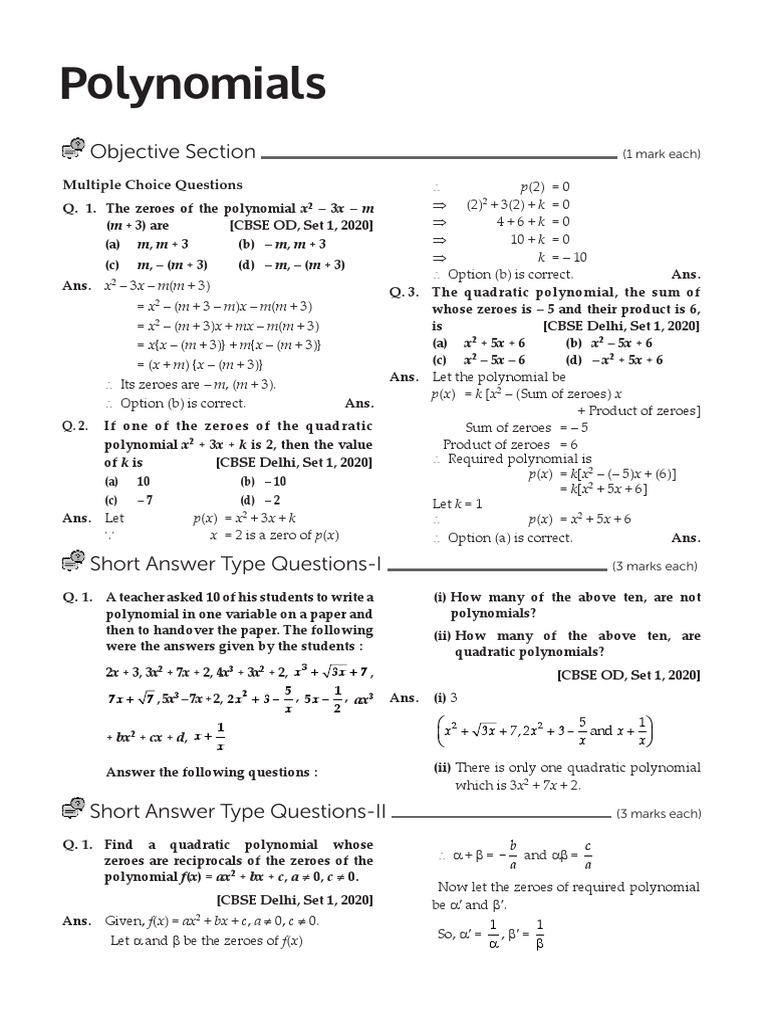 CBSE Polynomial Questions & Answers | PDF | Division (Mathematics ...