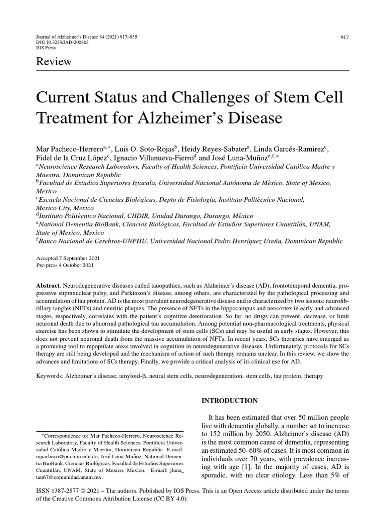 Current Status and Challenges of Stem Cell Treatment For Alzheimer's ...
