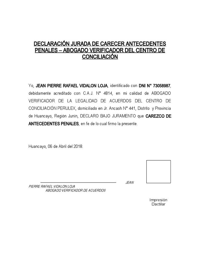 Declaracion Jurada de Carecer Antecedentes Policiales Penales ...