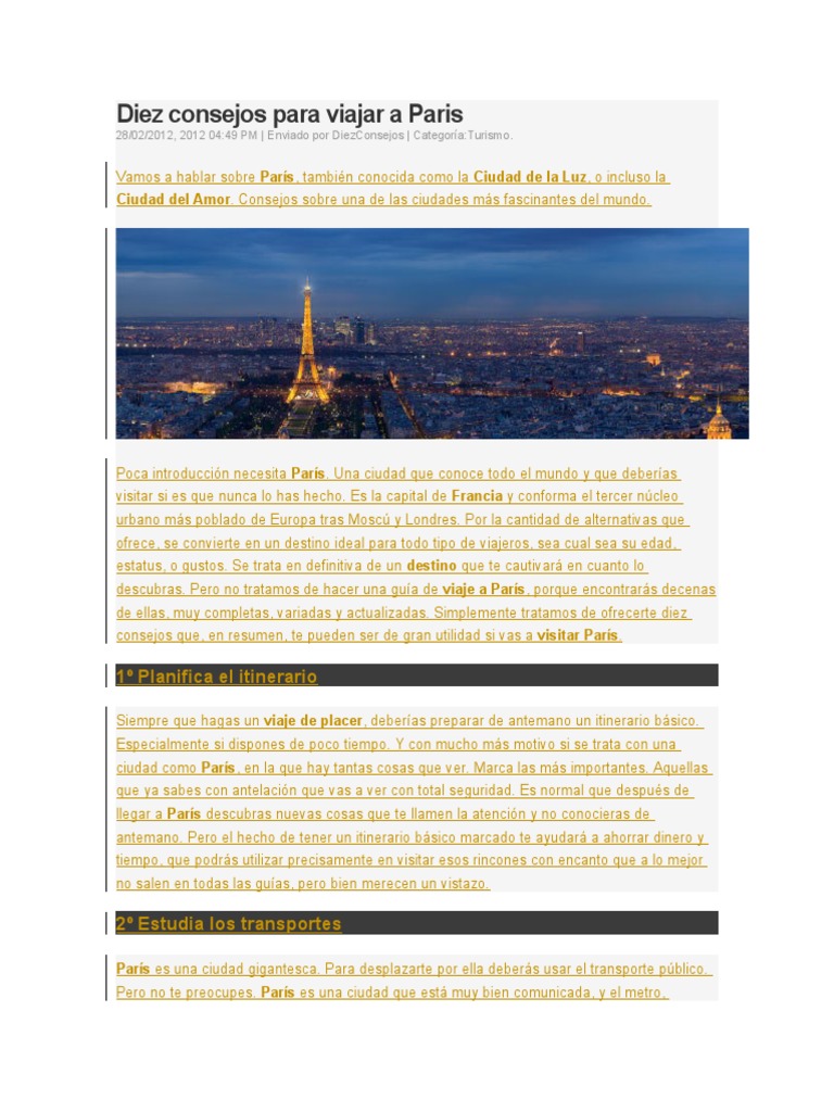 Diez Consejos para Viajar A Paris | Descargar gratis PDF | París