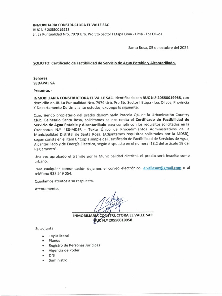 Solicitud Certificado de Factibilidad de Servicio de Agua Potable | PDF