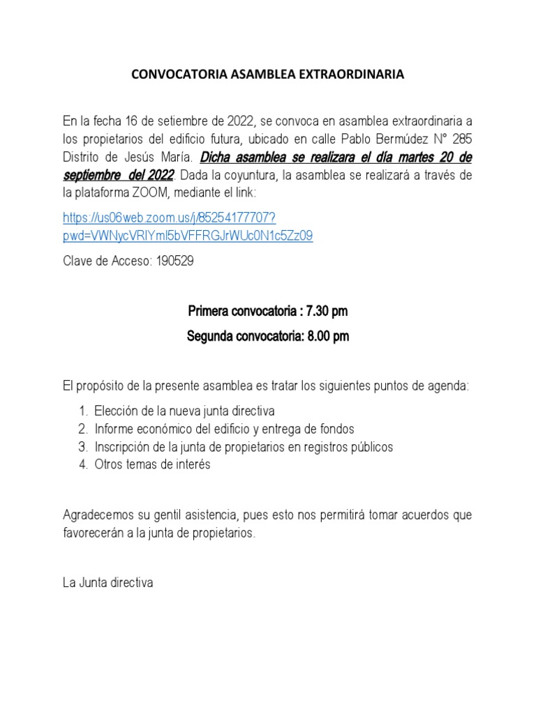 Convocatoria Asamblea Extraordinaria Edificio | PDF