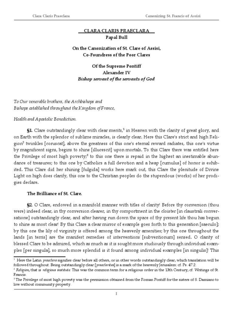 Clara Claris Praeclara (Unofficial Translation) (1255) | PDF | Penance | Mary, Mother Of Jesus
