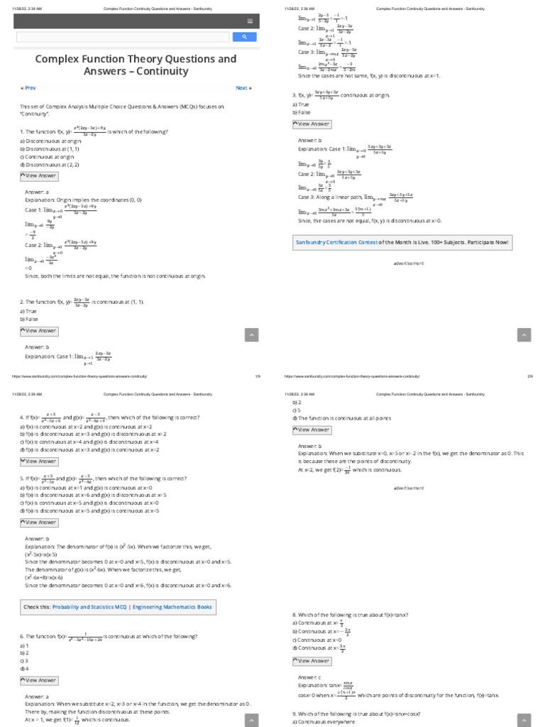 Complex Function Continuity Questions and Answers - Sanfoundry | PDF | Continuous Function ...