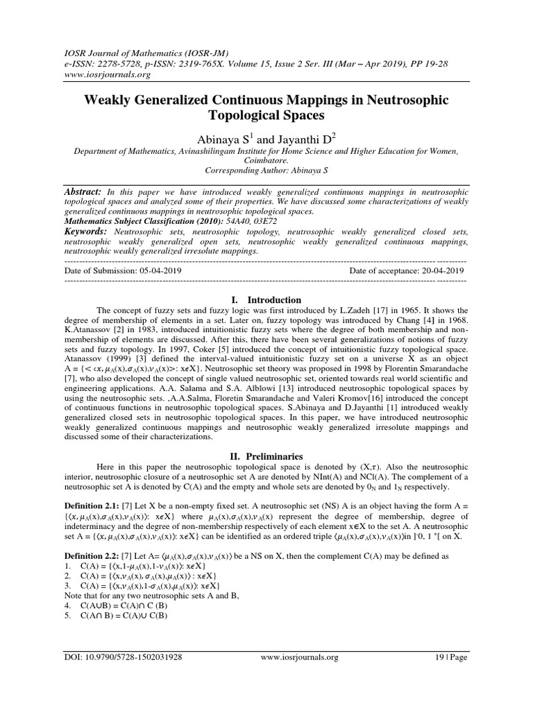 Weakly Generalized Continuous Mappings in Neutrosophic Topological Spaces | PDF | Continuous ...