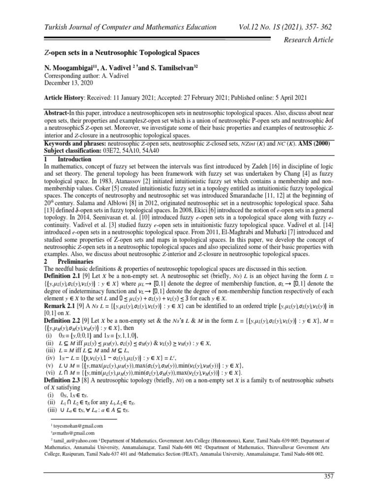 Z Open Sets In A Neutrosophic Topological Spaces Pdf Space