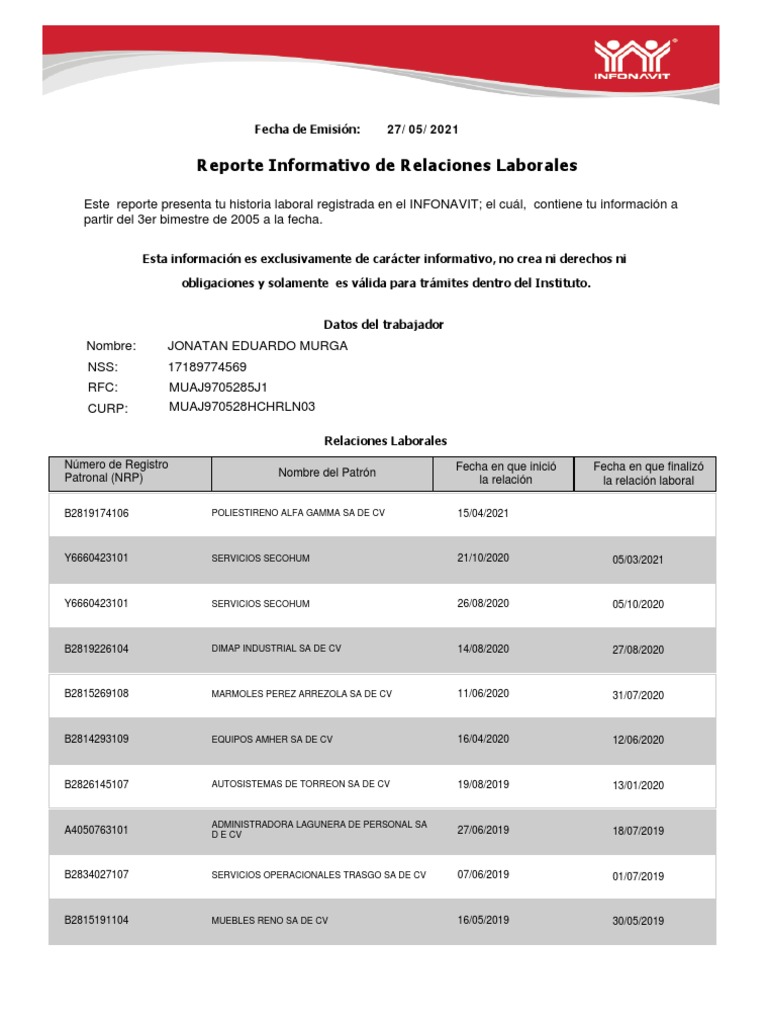 Reporte Informativo de Relaciones Laborales | PDF