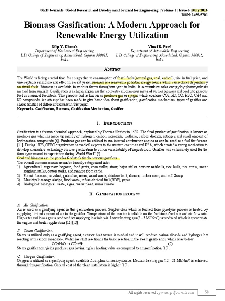 Biomass Gasification - A Modern Approach For Renewable Energy Utilization | PDF | Gasification ...