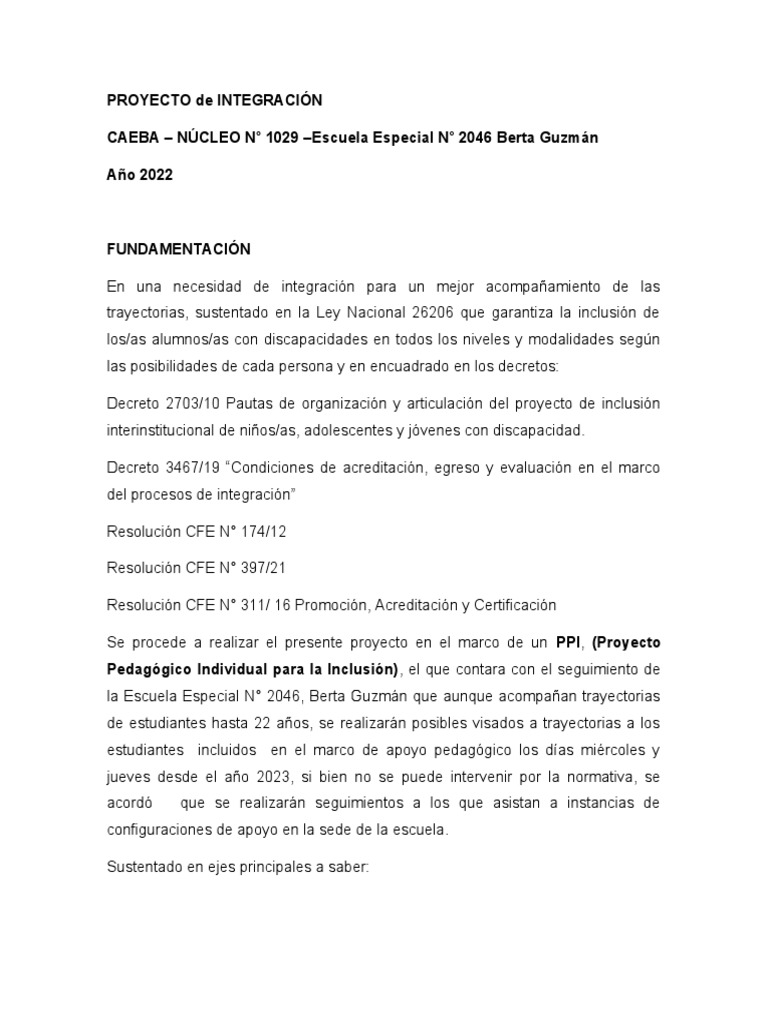 PROYECTO de INTEGRACIÓN Esc Especial Año 2022 Caeba | PDF | Inclusión ...