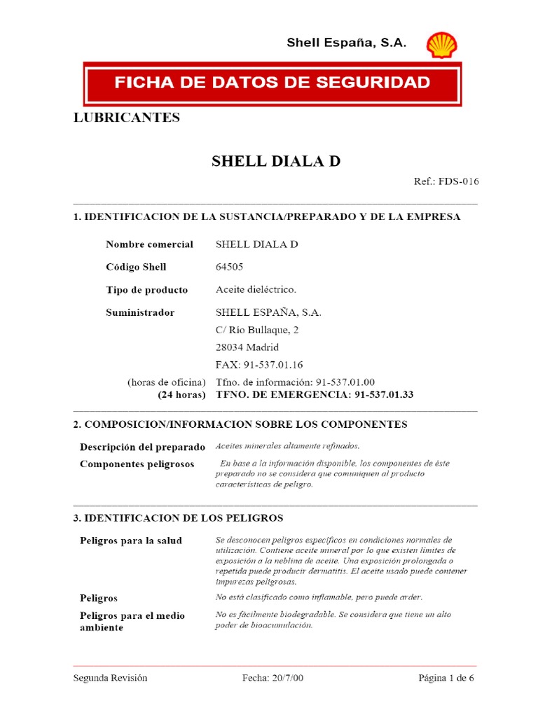MSDS - Aceite Diala SHELL | PDF