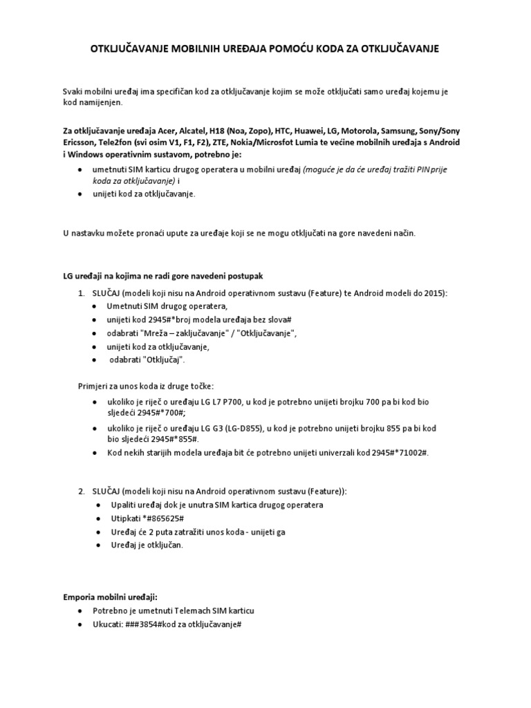 Otkljucavanje Mobilnih Uredjaja Pomocu Koda Za Otkljucavanje | PDF