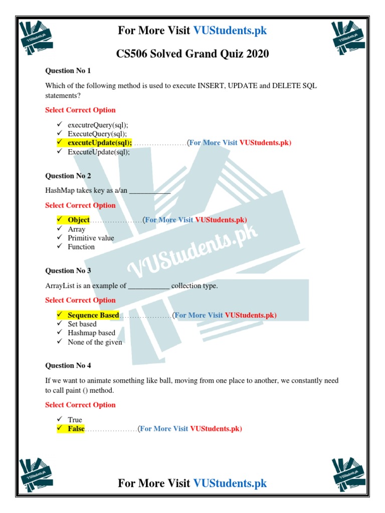 Cs506 Solved Grand Quiz 2020 Pdf Class Computer Programming Method Computer Programming