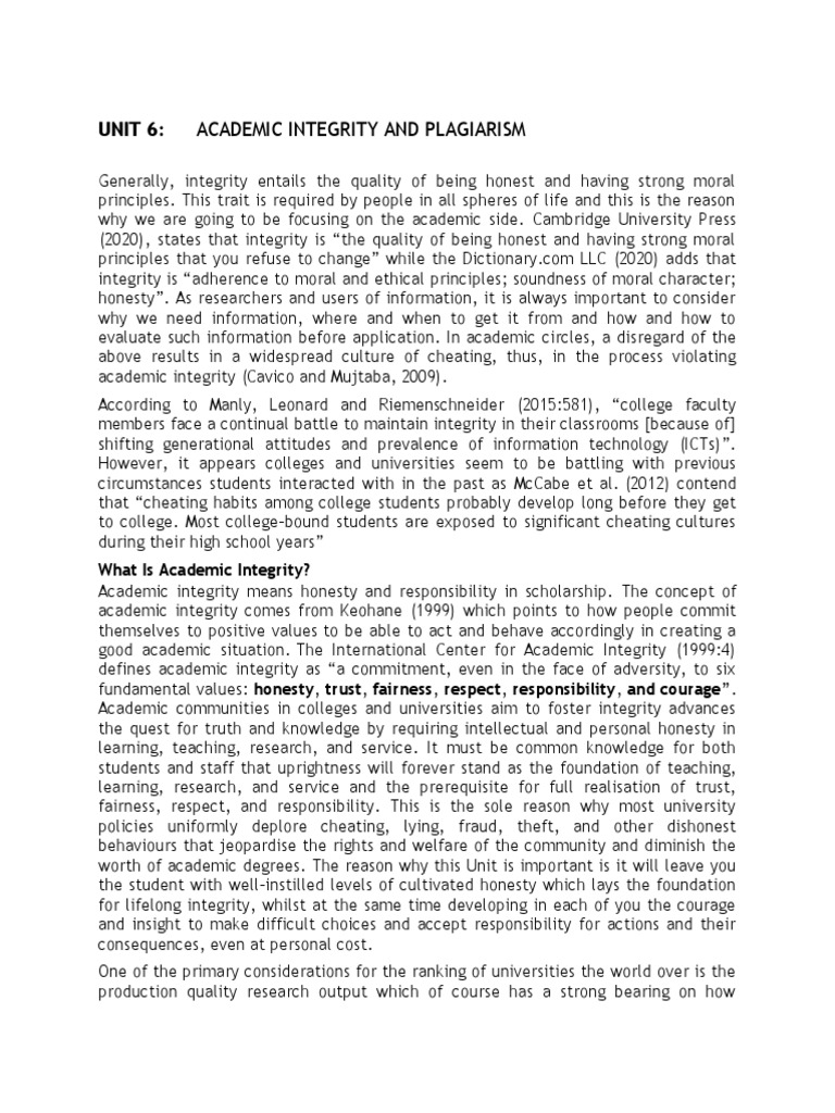 Unit 6 - Academic Integrity and Plagiarism | PDF | Plagiarism ...