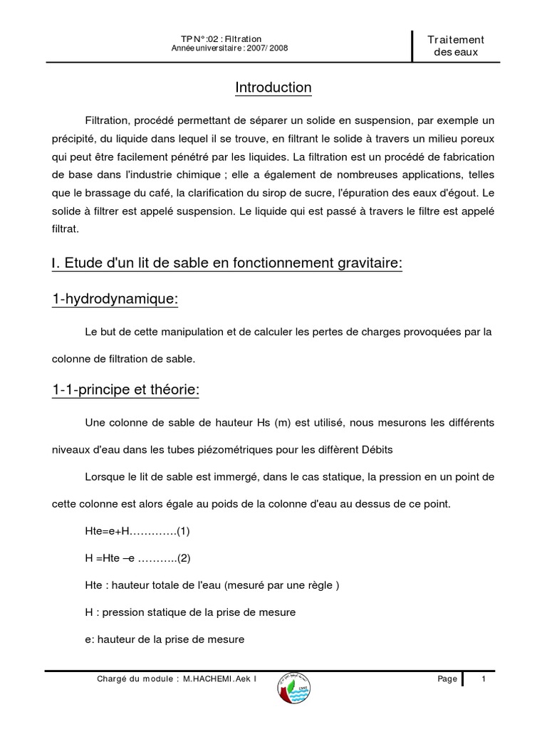TP N°:02: Filtration: Traitement Des Eaux | PDF | Filtration | Liquides