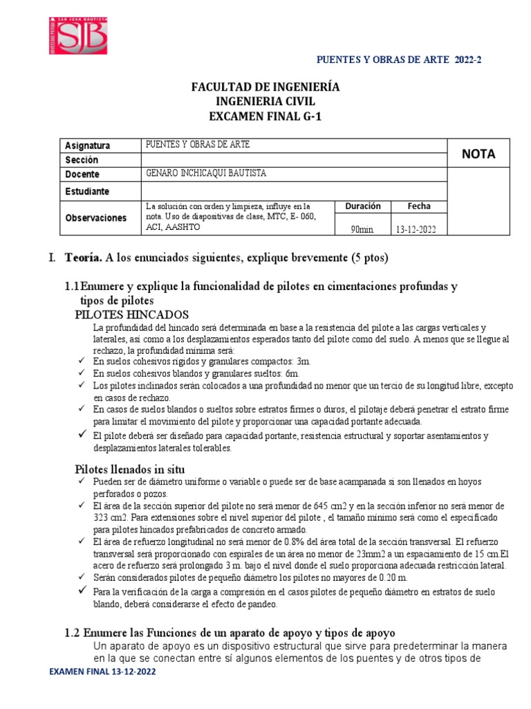 Examen Final G-1 Puentes y Obras de Arte 2022 13-12-2022 | PDF ...