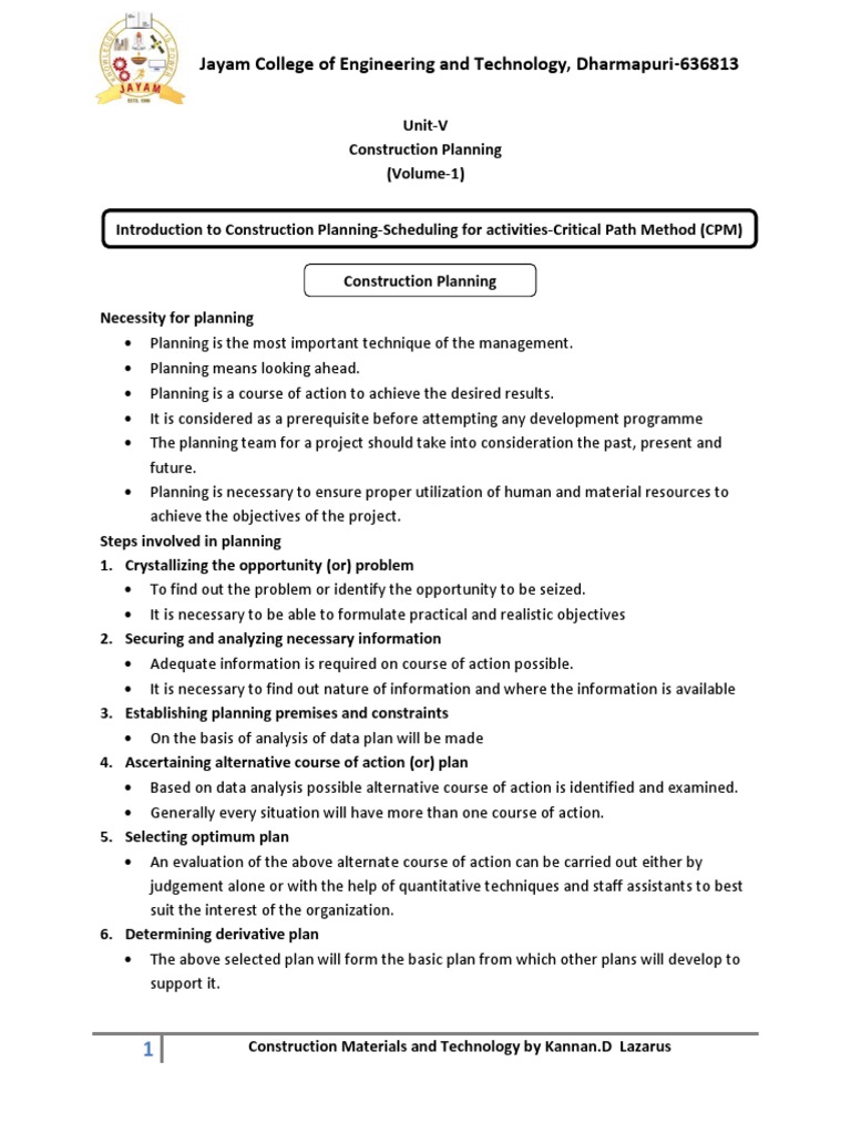 Unit V Construction Planning | PDF