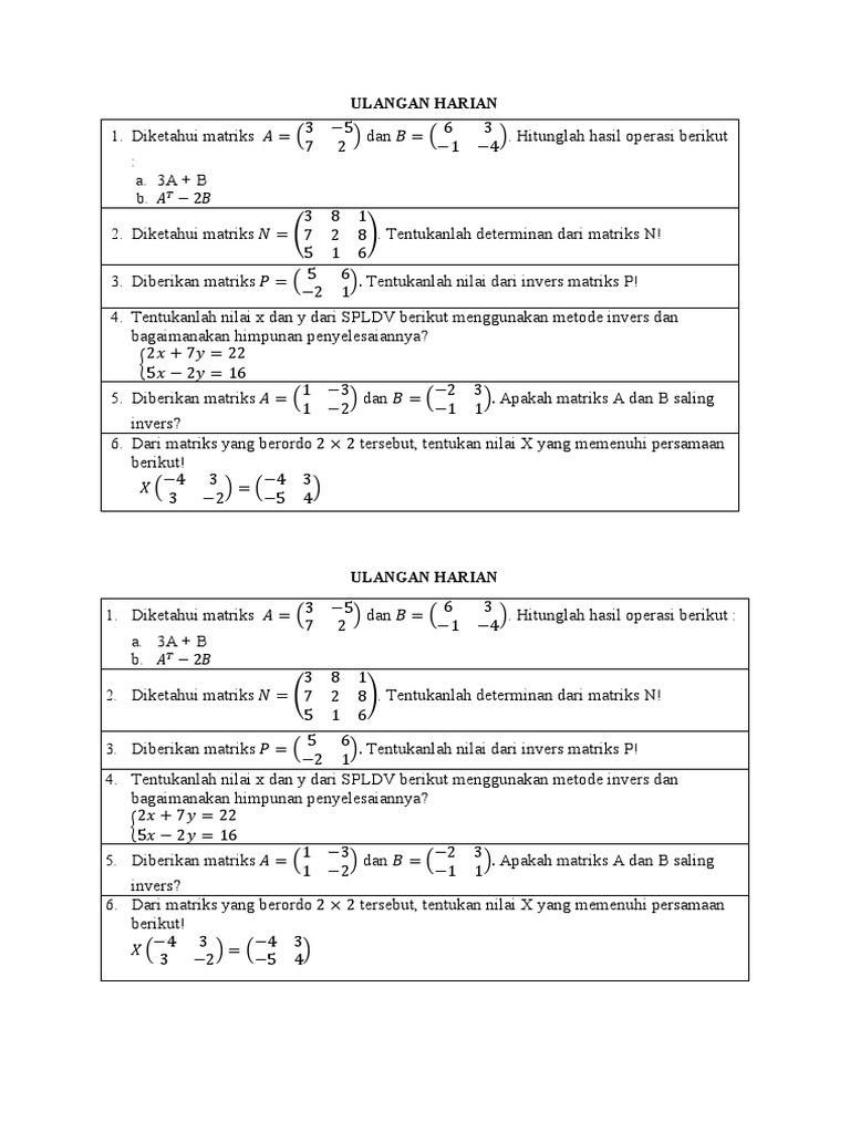 Soal Ulangan Harian XI IPA 1 Materi Matriks | PDF | Metode & Bahan Ajar