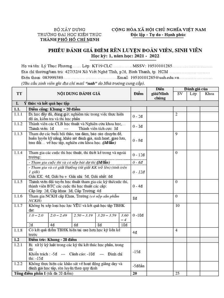 BIEU MẪU THUC HIEN DANH GIA KET QUA REN LUYEN SINH VIEN HKI-NH 2021-2022-UAH | PDF