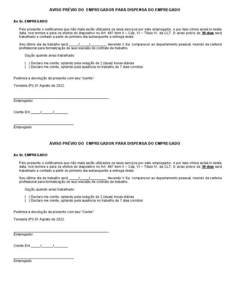 Aviso Prévio Do Empregador Para Dispensa Do Empregado Pdf