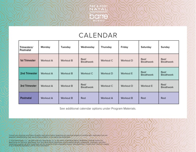 Pre Post Natal Barre Blend Workout Calendar | PDF