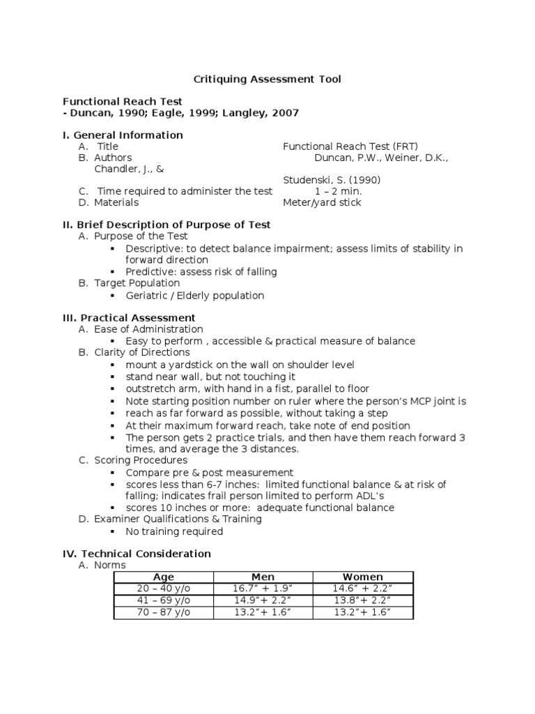 Functional Reach Test Overview | PDF | Educational Assessment | Geriatrics