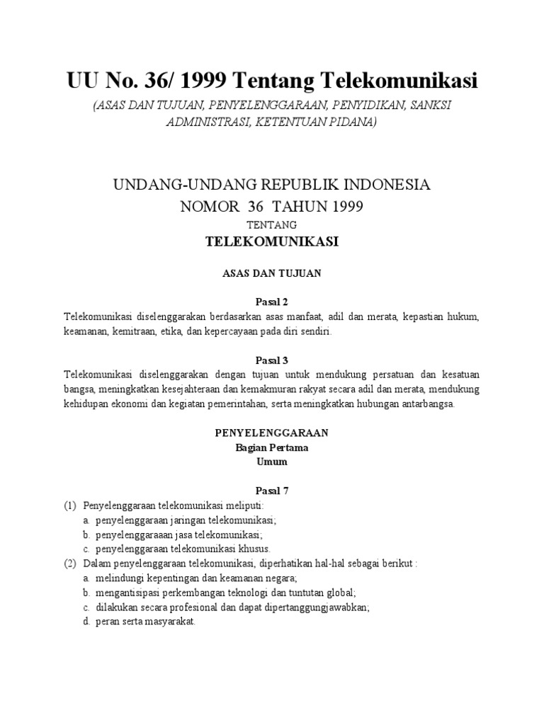 08 - UU No. 36 THN 1999 Tentang Telekomunikasi | PDF
