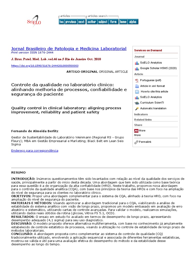 Controle Da Qualidade No Laboratório Clínico - Alinhando Melhoria de ...