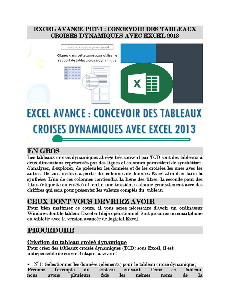 Excel Avance PRT-1 - Concevoir Des Tableaux Croises Dynamiques | PDF | Microsoft Excel ...