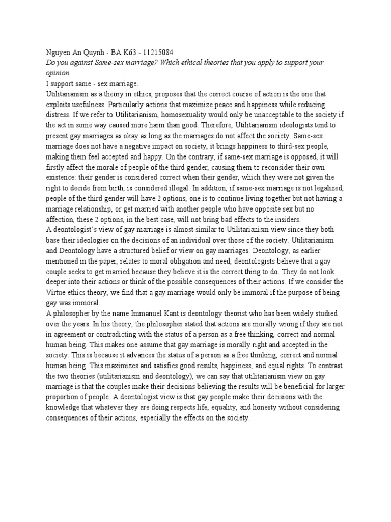 Same Sex Marriage Pdf Utilitarianism Ethical Principles