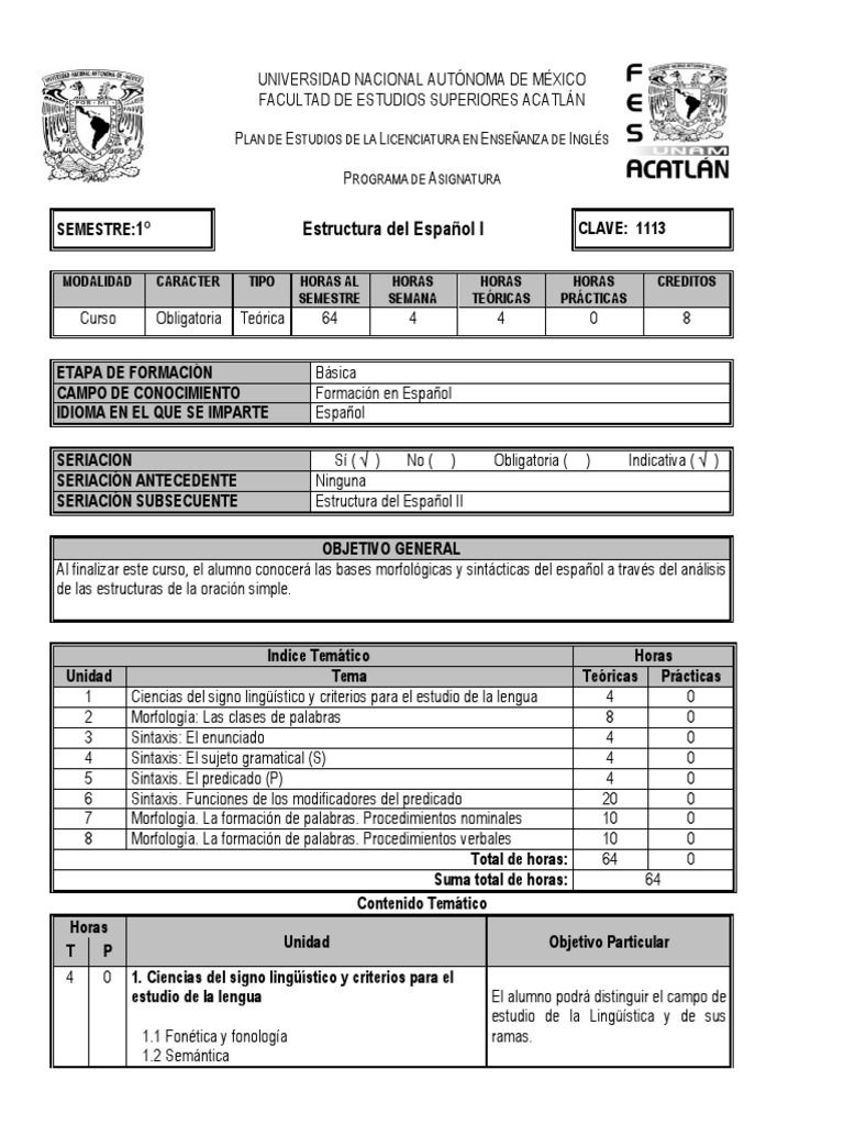 Estructura del Español I: Plan de Estudios | PDF | Predicado (Gramática ...