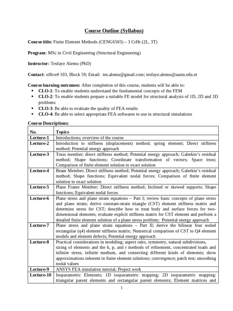 Finite Element Methods Course Outline | PDF | Finite Element Method ...