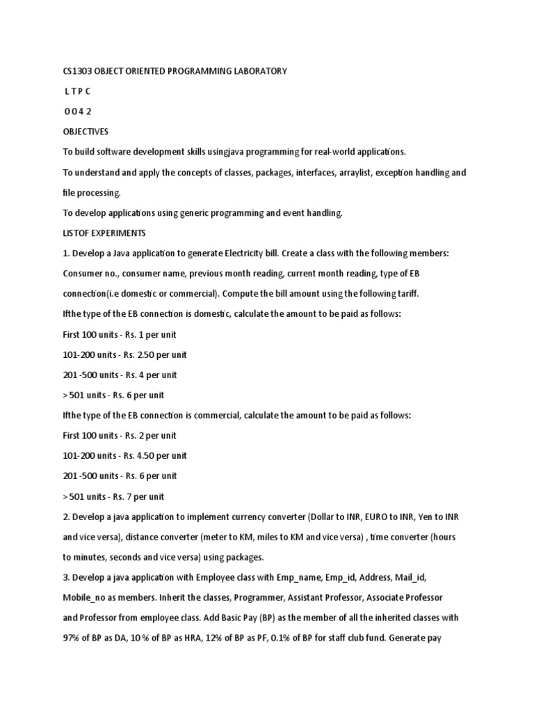 Cs1303 Object Oriented Programming Laboratory Pdf Java Programming 9950