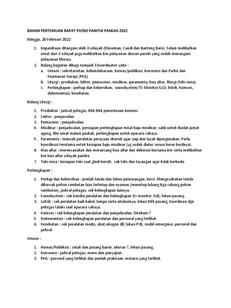 Bahan Pertemuan Rapat Pleno Panitia Paskah | PDF