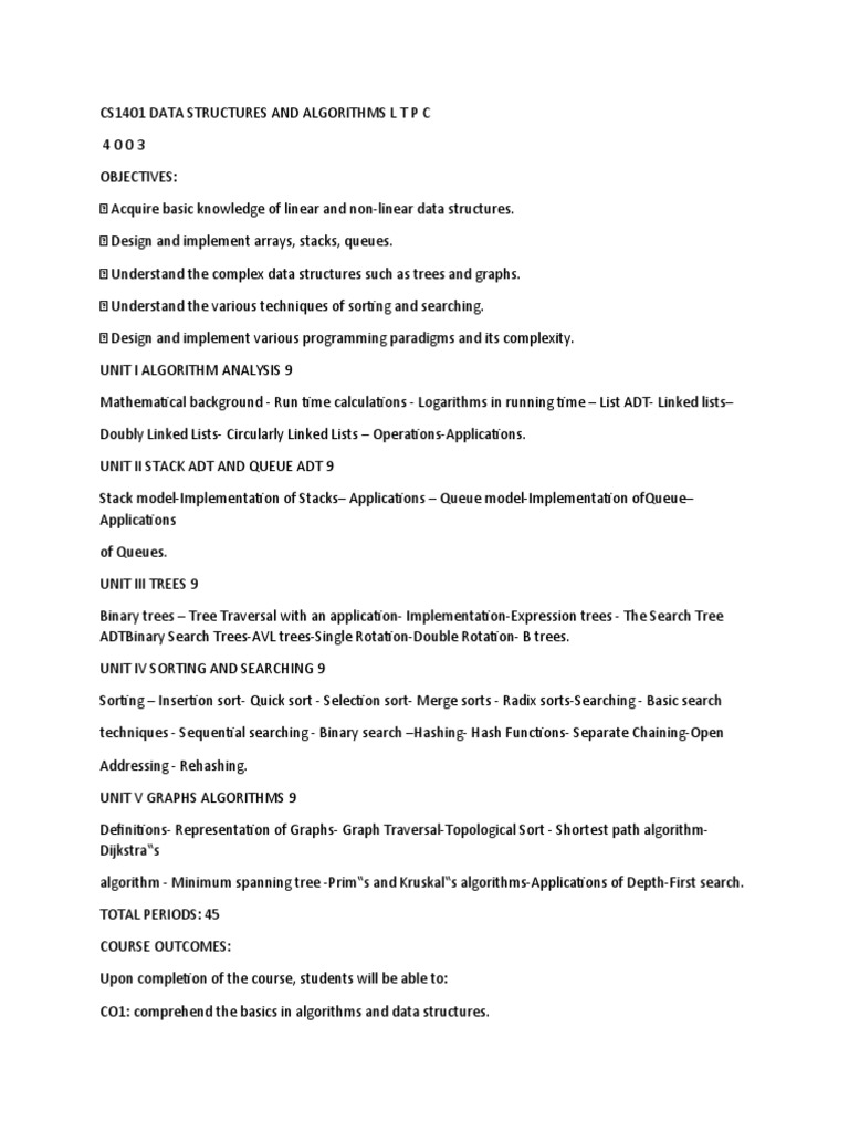 Cs1401 Data Structures And Algorithms Download Free Pdf Algorithms And Data Structures