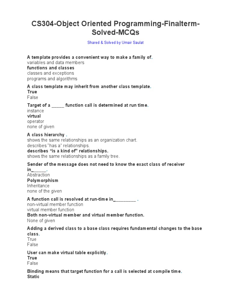 CS304 - MCQS Object Oriented Programming | PDF | Class (Computer Programming) | Inheritance ...