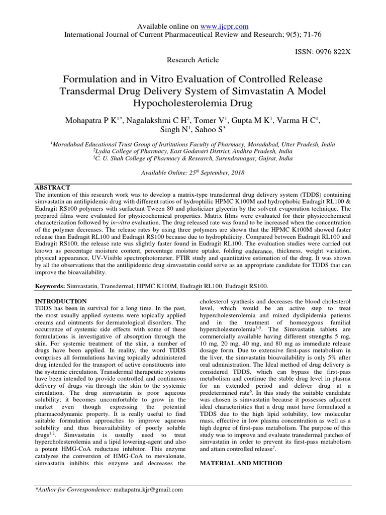 Formulation And In Vitro Evaluation Of Controlled Release Transdermal Drug Delivery System Of