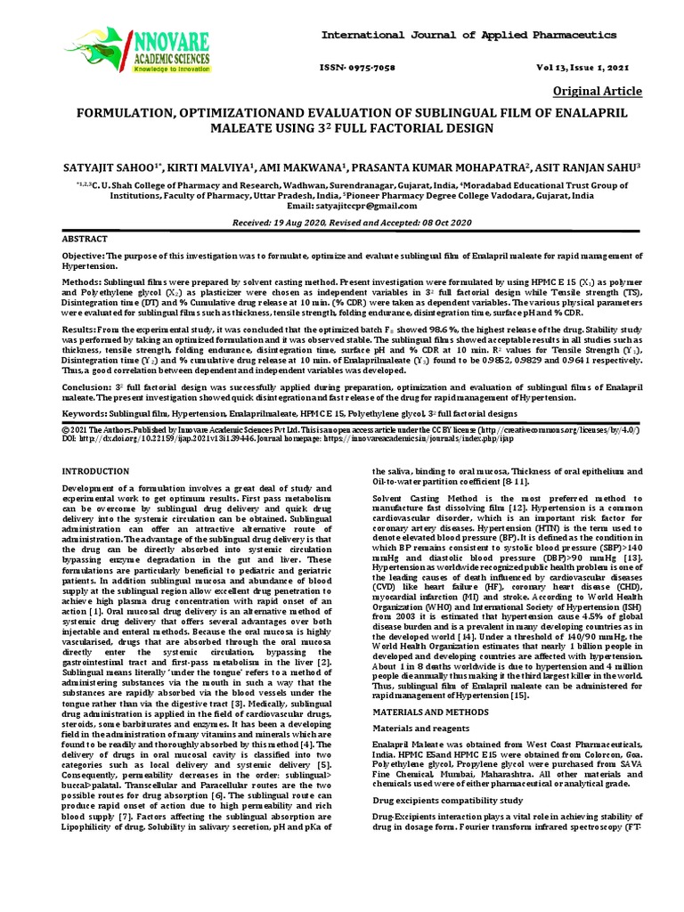Formulation Optimizationand Evaluation Of Sublingual Film Of Enalapril Maleate Using 3 Full